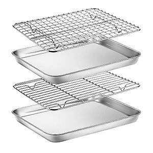 Baking Sheet with Rack Set, Yododo Set of 4 (2 Sheets + 2 Racks), Stainless Steel Cookie Sheet Baking Pan Tray with Cooling Rack, Non Toxic & Heavy Duty & Easy Clean - Size of 10 inch
