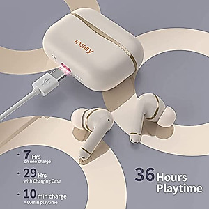 INSMY Wireless Earbuds, Hybrid Active Noise Cancelling Earphones 6 Mics for Clear Calls Authentic Audio Big Bass, 36H Playtime Bluetooth in-Ear Headphones ANC/Ambient Mode Upgraded (Oat White)