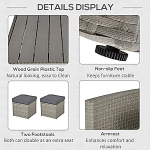 Outsunny 6 Piece Patio Dining Set, PE Rattan Furniture Set with 2 Chairs Cushions & Outdoor Three Seat Sofa, Woodgrain Slatted Dinner Table, Mixed Gray