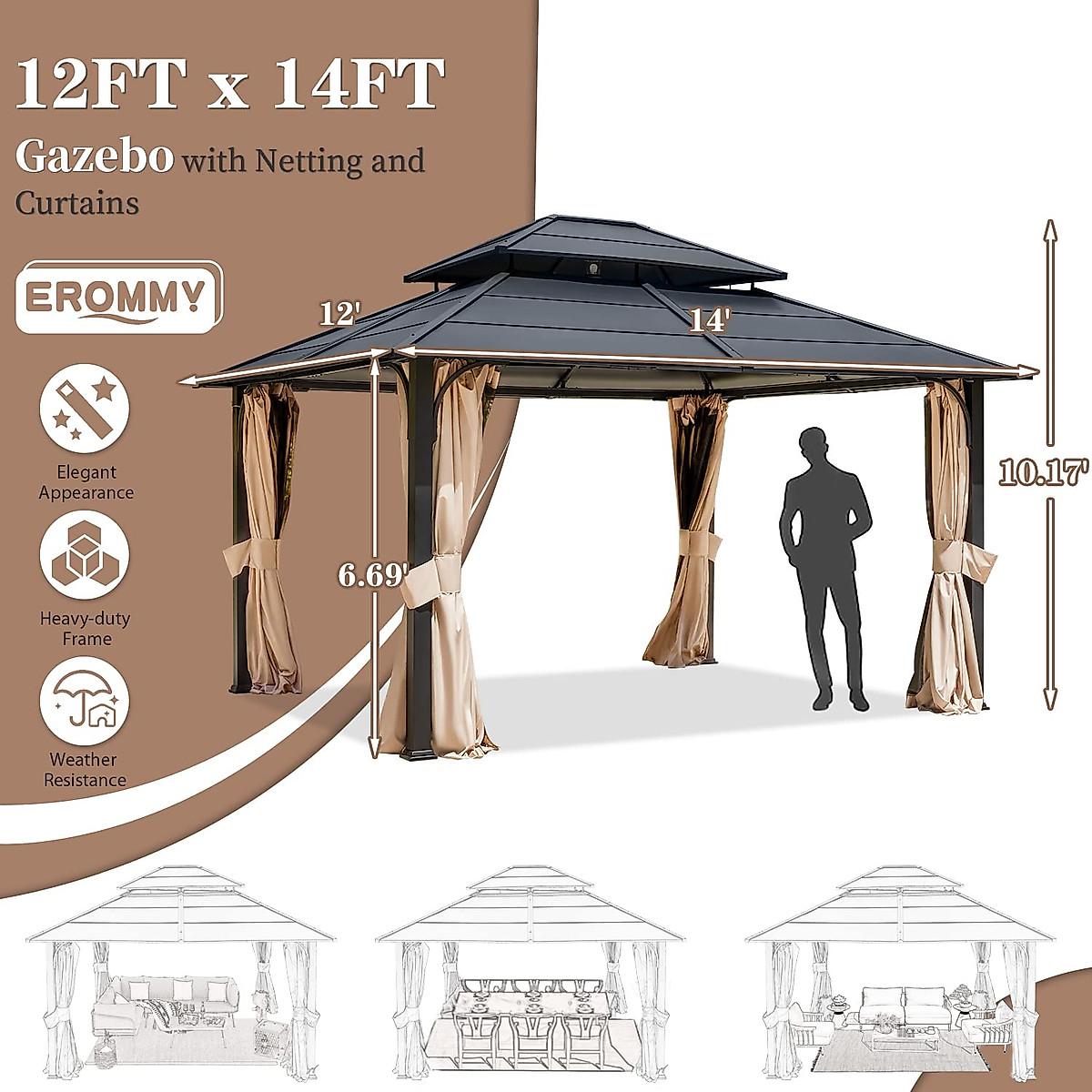 EROMMY 12'x14' Metal Steel Gazebo, Outdoor Aluminum Hardtop Canopy with Netting and Shaded Curtains, Double Roof Pergolas, Permanent Metal Pavilion for Patio, Backyard, Deck and Lawns Dark Bronze