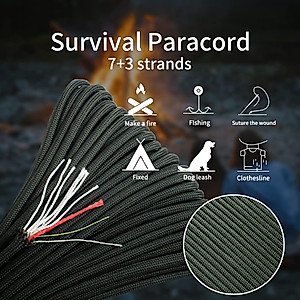 Survival Paracord Rope PSKOOK 100 Feet Fire Starter Parachute Cord 7-Strand Nylon with Red Tinder Cord PE Fishing Line Cotton Thread for Outdoor Lanyards, Bracelets, Handle Wraps (Orange)
