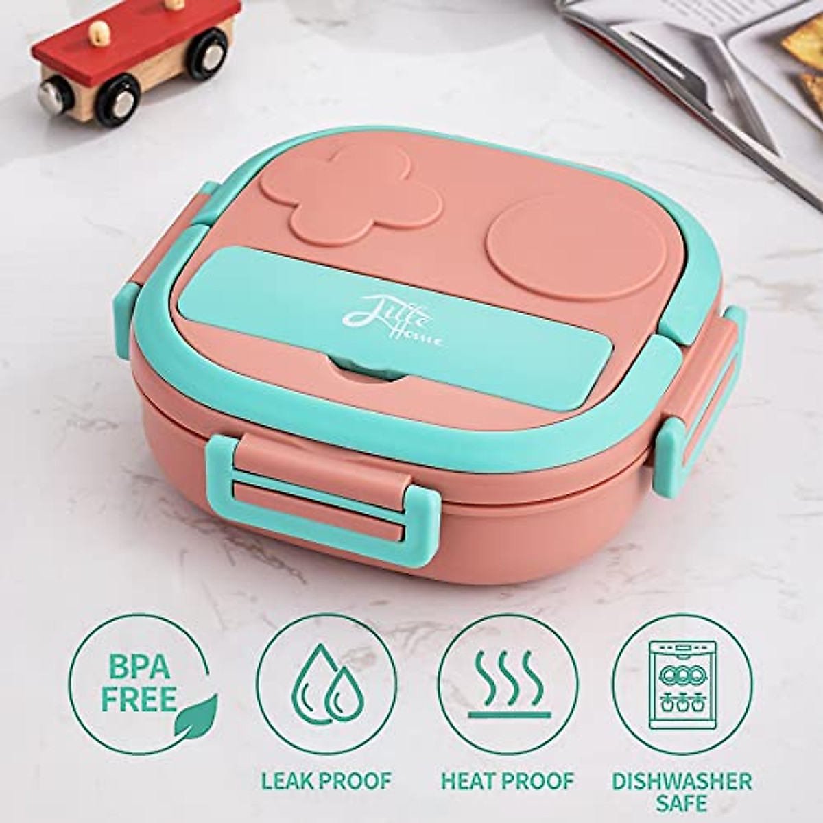 Lille Home 18oz Stainless Steel Leakproof 3-Compartment Bento Lunch Box/Portion Control Food Container with Lunch Bag and Foldable Spoon, BPA Free (Pink)