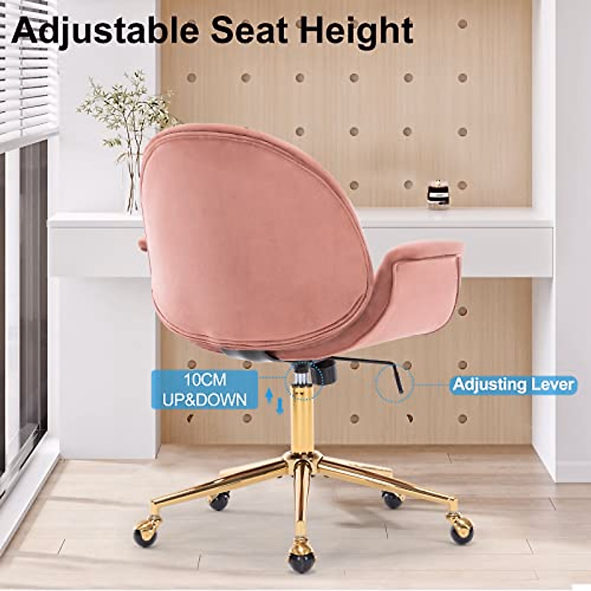 Office Chair Ergonomic Desk Chair - Velvet Vanity Fabric Home Office Chair Modern Adjustable Height Computer Chair with Pillow Swivel Executive Task Chair for Makeup and Living Room, Pink