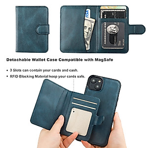 Bocasal Wallet Case for iPhone 14 Compatible with MagSafe Magnetic RFID Blocking Detachable Premium PU Leather Flip Case with Card Slots Holder Kickstand Wireless Charging 6.1 Inch (Blue)