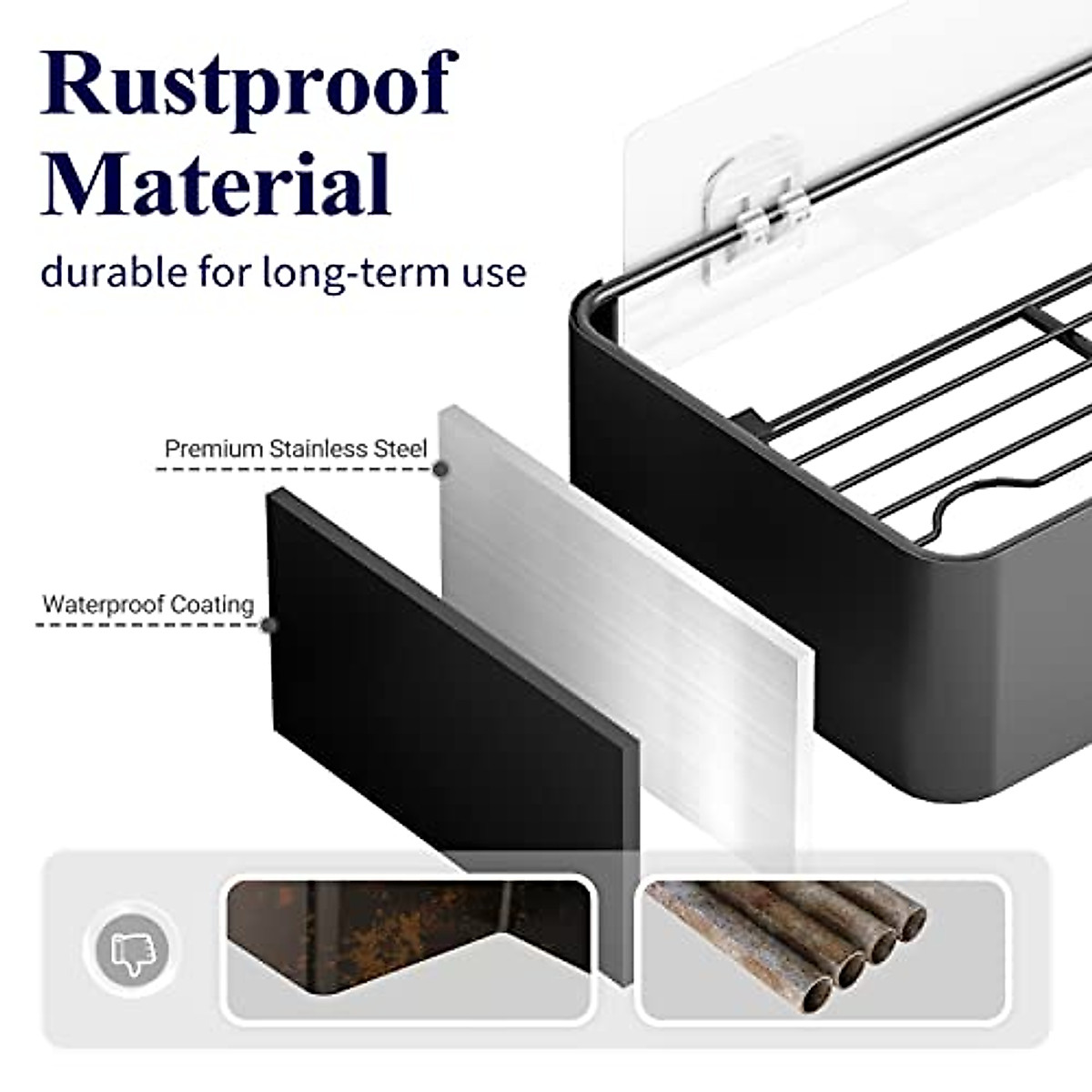 Kitsure Shower Caddy - 2 Pack Rustproof Shower Organizer, Drill-Free & Quick-Dry Shower Shelf for inside Shower with Large Capacity, Durable Stainless Steel Shower Rack with 4 Hooks, Black