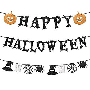 Happy Halloween Banner - Halloween Hanging Paper Garland Bunting Banner Bloody Pumpkin Decorations, Photo Backdrop for Wall Home Mantle Office Wall Scary Party Supplies