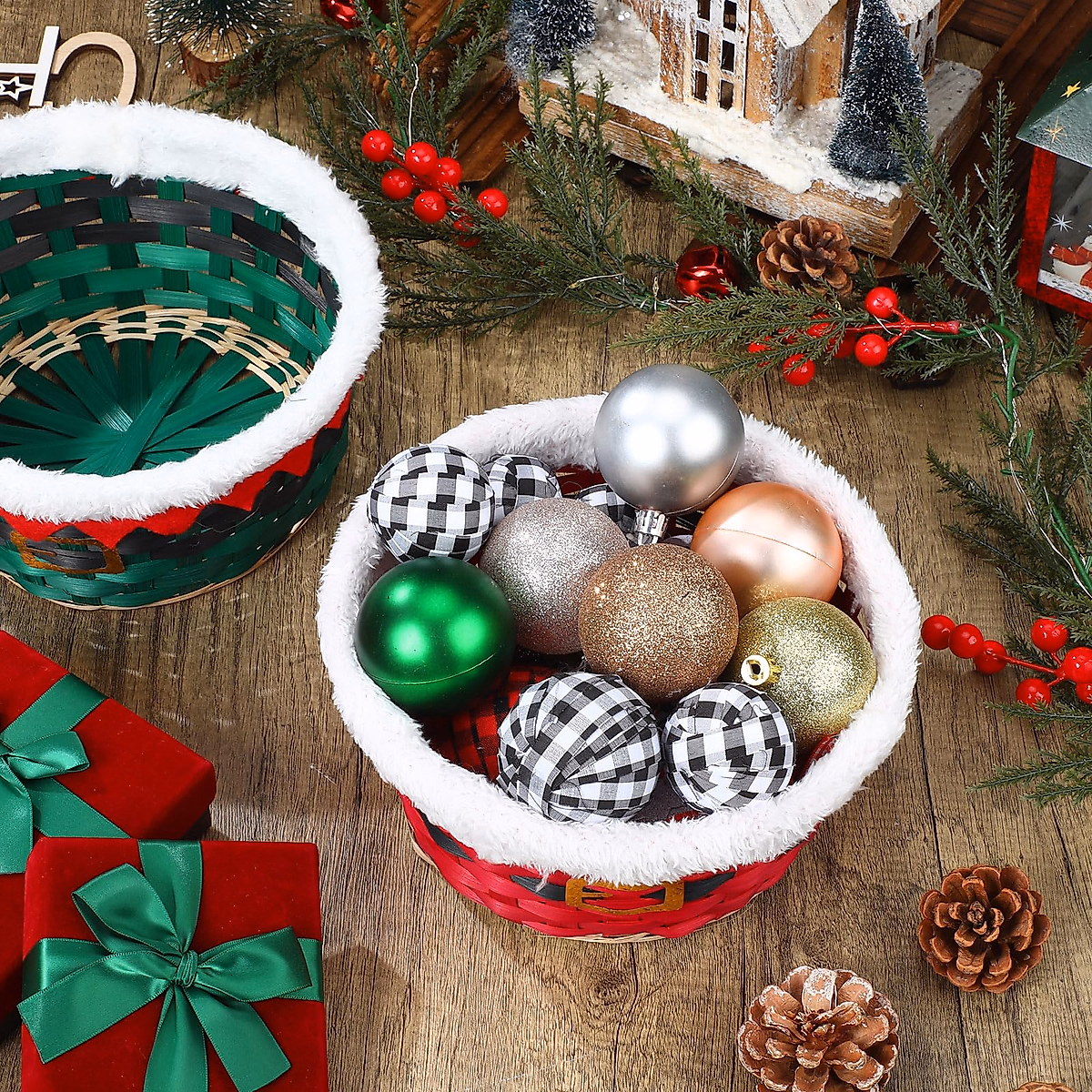 Youyole 4 Pieces Christmas Basket for Gifts Snowman Woven Bamboo Basket Xmas Round Gingerbread Basket Small Santa Claus for Christmas Party Supplies Gift Snack Storage