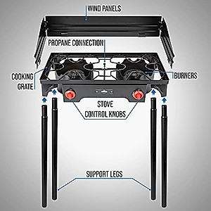 Hike Crew Cast Iron Double-Burner Outdoor Gas Stove | 150,000 BTU Portable Propane Cooktop w/Blue Flame Control, Removable Legs, Temperature Control Knobs, Wind Panel, Hose, Regulator & Storage Case