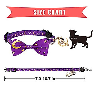2 PCS Breakaway Cat Collar with Bow Tie and Bell Golden Moon Glowing Star in The Dark for Kitten(Black&Purple)