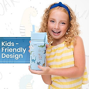 Lexlion Water Bottle 14 Oz, Triple Walled Insulated Stainless Steel Odor & Strain Resistant Reusable Bottle, 1 straw Lid, Leakproof, Metal Mug Gallon, BPA Free, Blue Zoo