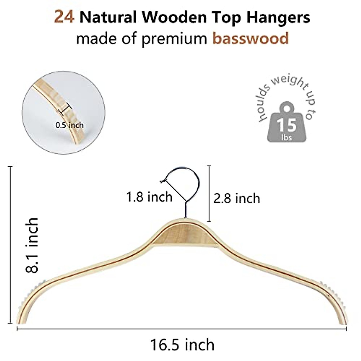 DEDU Wooden Hangers Lightweight 24 Pack, Coat Hangers for Closet Space Saving, Slim Suit Hangers Wood with Soft Rubber Non Slip Strip for Wamisole, Wedding Dress, Sweater (Natural Finish)