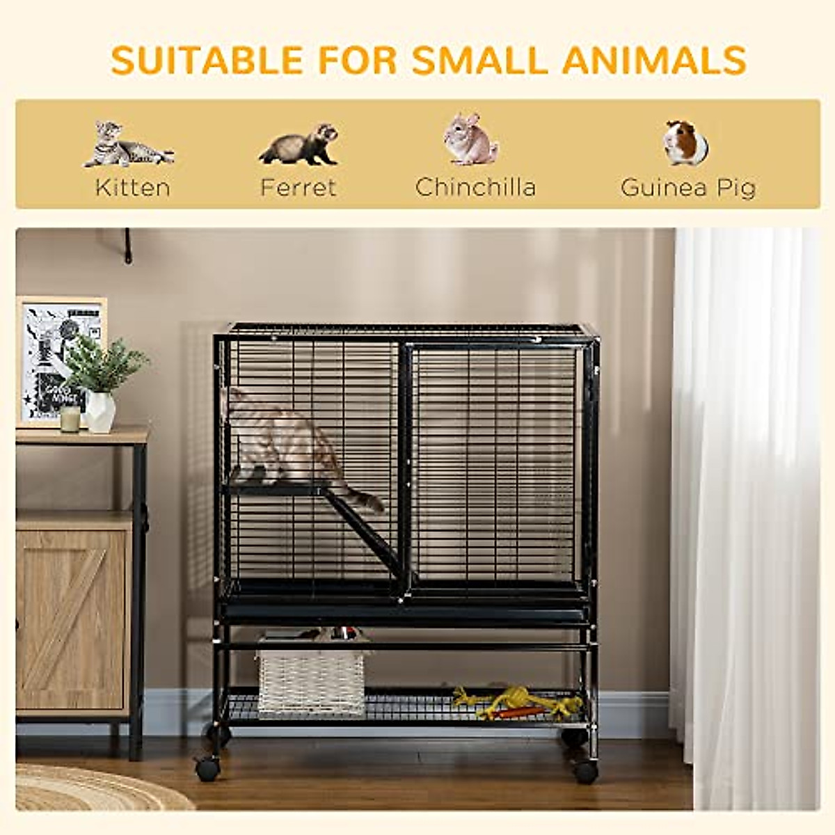 PawHut Guinea Pig Cage with Tray, Small Animal Habitat, Metal Wire Chinchilla Cage, Hedgehog Cage, Pet Ferret Cage with Wheels & Storage Shelf, Little Critter Cage