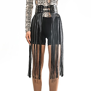 Ayliss Women Punk Waist Belt Rivet Studded Tassel Fringe Skirt Belt Double Grommet PU Leather Elastic Waistband Rocker (Black #1)