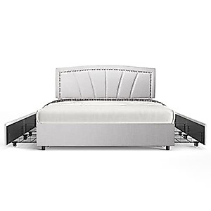 BONSOIR King Size Storage Bed Frame Upholstered Low Profile Traditional Platform with Tufted and Nail Headboard/No Box Spring Needed/4 Pull Out Drawers/Light Grey Linen Fabric (King Size)