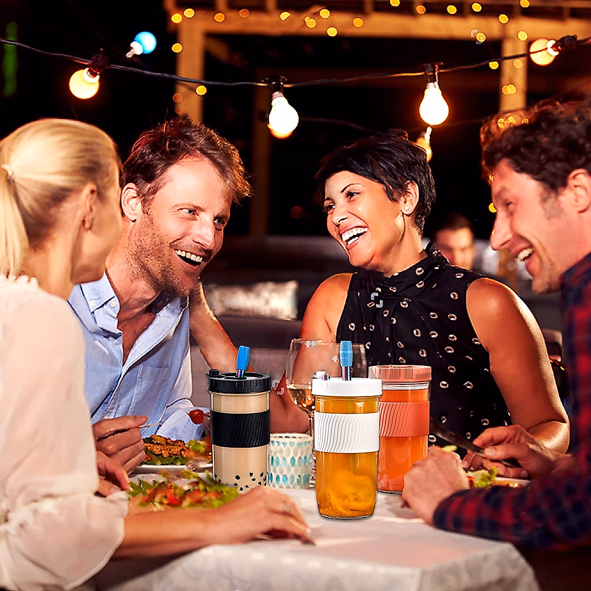 HEFBCOMK 2 Pack Reusable Boba Cup, 24Oz Wide Mouth Smoothie Cups,Bubble Tea Cup with Lid and Straws, Iced CoffeeCups, Leakproof Mason Jars Glass Cups, Travel Drinking Bottle (Coffee)