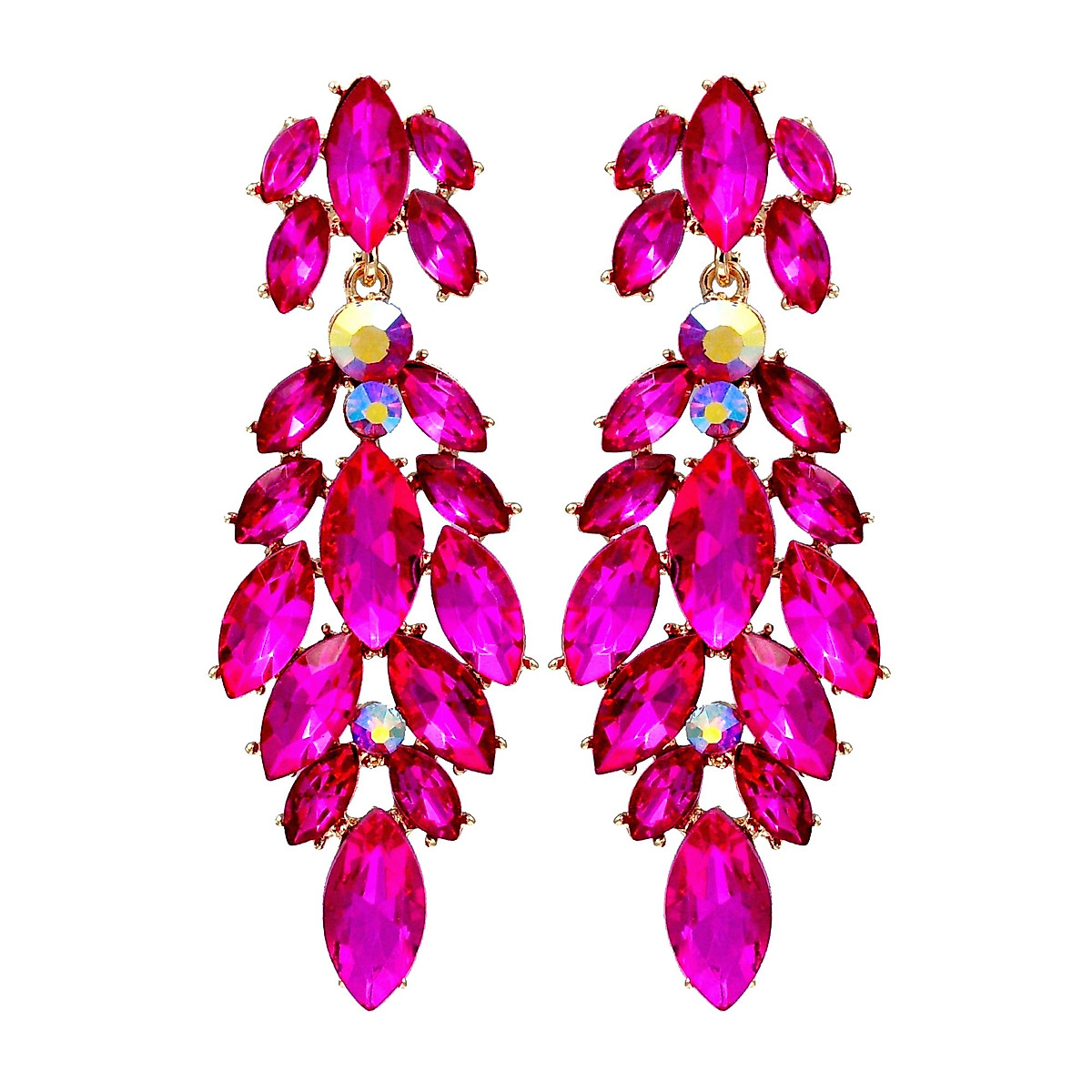Womens Crystal Rhinestone Dangle Earrings Fuchsia Hot Pink for Proms Wedding Party