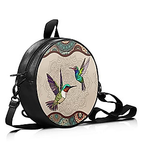 WHOSGNIHT Ethnic Tribal Hummingbird Women Crossbody Circle Bag Purse Waterproof Leather Evening Party Handbag Casual Travel Shopping Shoulder Bag Backpack