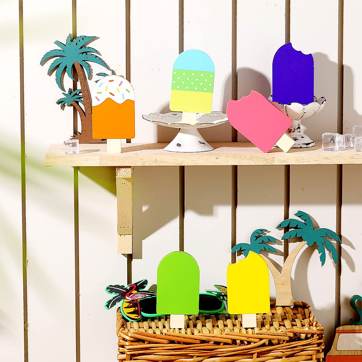 6 Pcs Summer Tiered Tray Decor Hawaii Ice Cream Tiered Tray Decor Summer Wooden Table Decorations Ice Cream Tray Decor Summer Table Signs for Kitchen Home Summer Party Home Supplies