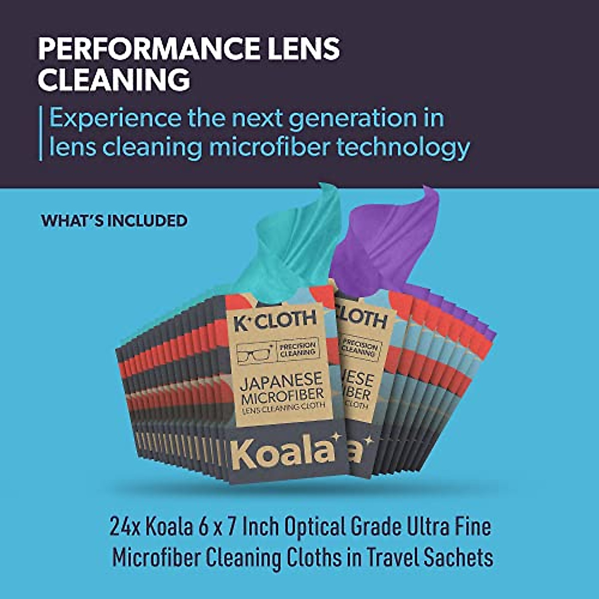 Koala Lens Cleaning Cloth | Japanese Microfiber | Glasses Cleaning Cloths | Eyeglass Lens Cleaner | Eyeglasses, Camera Lens, VR/AR Headset, and Screen Cleaning | Blue & Purple (Pack of 24)