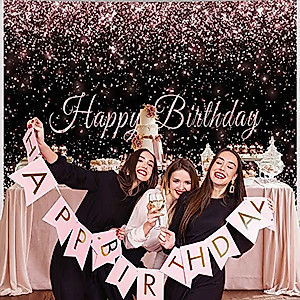 Haboke 7x5ft Durable Fabric Happy Birthday Backdrop Pink and Black Shiny Gold dot Glamour Sparkle Sweet Photography Background for Kids Adults Birthday Party Decorations Supplies Photo Studio Props …