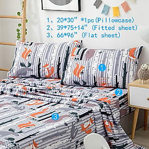 JSD Kids Printed Sheets Set Twin, Cute Forest Animals Fox Soft Microfiber Bed Sheets for Boys Girls, 3 Pieces