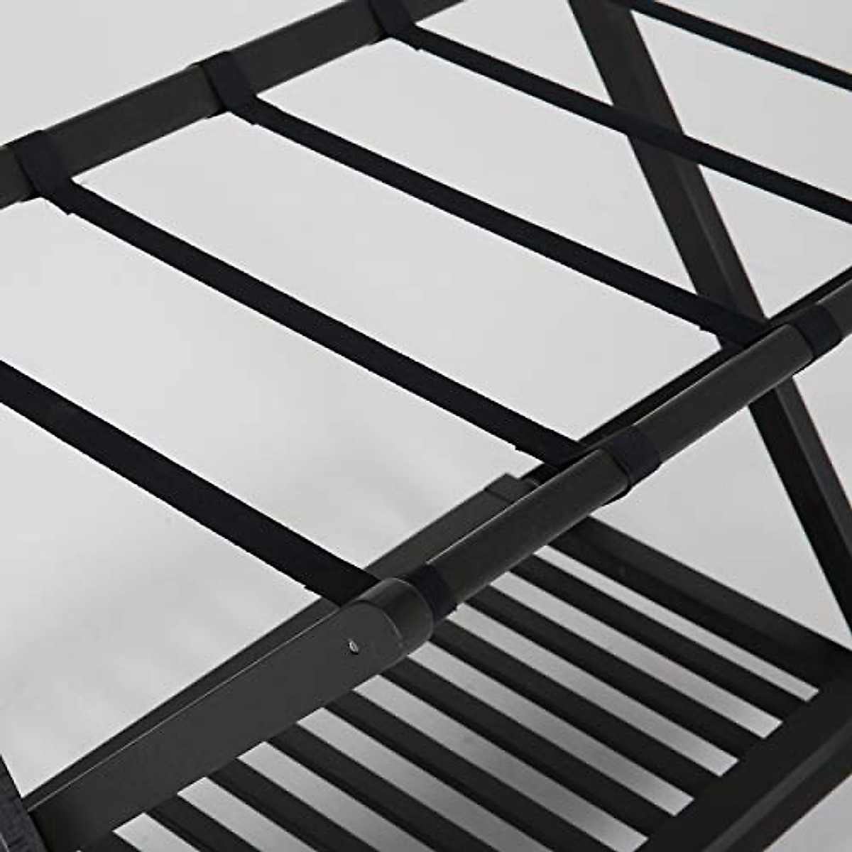 M&T Displays Beech Wood Folding Luggage Rack Travel Suitcase with Woolen Strips and Shelf for Home Hotel Gym Spa Guest Room 200 lbs Carriage Capacity Black 18x30 Inches