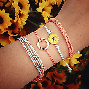 FANCY SHINY Sunflower String Bracelet Handmade Braided Rope Charms Boho Surfer Bracelet for Women(Coral)