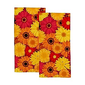 Hand Towels Face Towels Set of 2 Red Orange Yellow Gerbera Flowers Soft Comfortable Polyester Microfiber Fast Water Absorbent Towels for Bathroom Kitchen 30X15 Inch