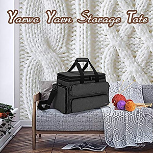 YARWO Knitting Yarn Bag, Portable Crochet Storage Tote with Double Top Cover and Yarn Holes for Knitting Needles(Up to 14”), Unfinished Projects and Skeins of Yarn, Black