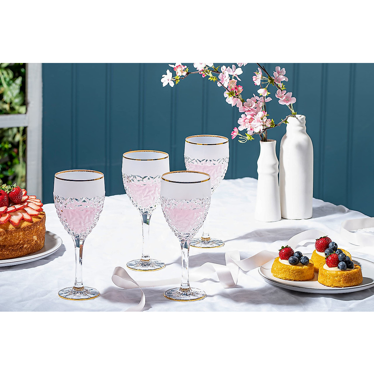 Barski Goblet - Wine Glass - Water Glass - Crystal - Set of 6 Stemmed Glasses - Glass is designed With with Frosted Border and Gold Rim - 11 oz Made in Europe -
