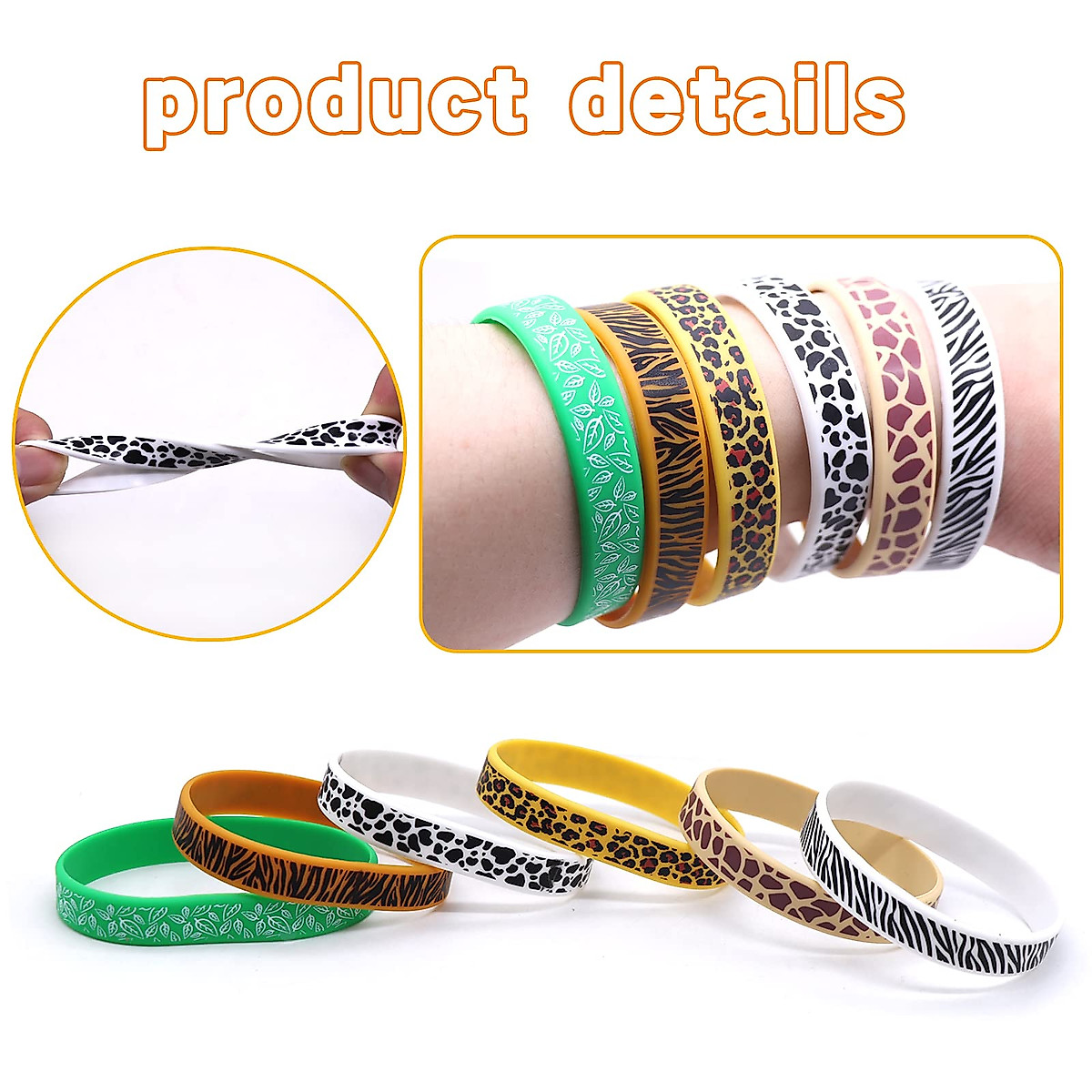 MagiRita Safari Animal Print Rubber Bracelets 24 Pack Leopard Cow Tiger Print Wristband Jungle Party Favors Zoo Wild Birthday Party Goodie Gifts Bags Decor for Shower Class Rewards