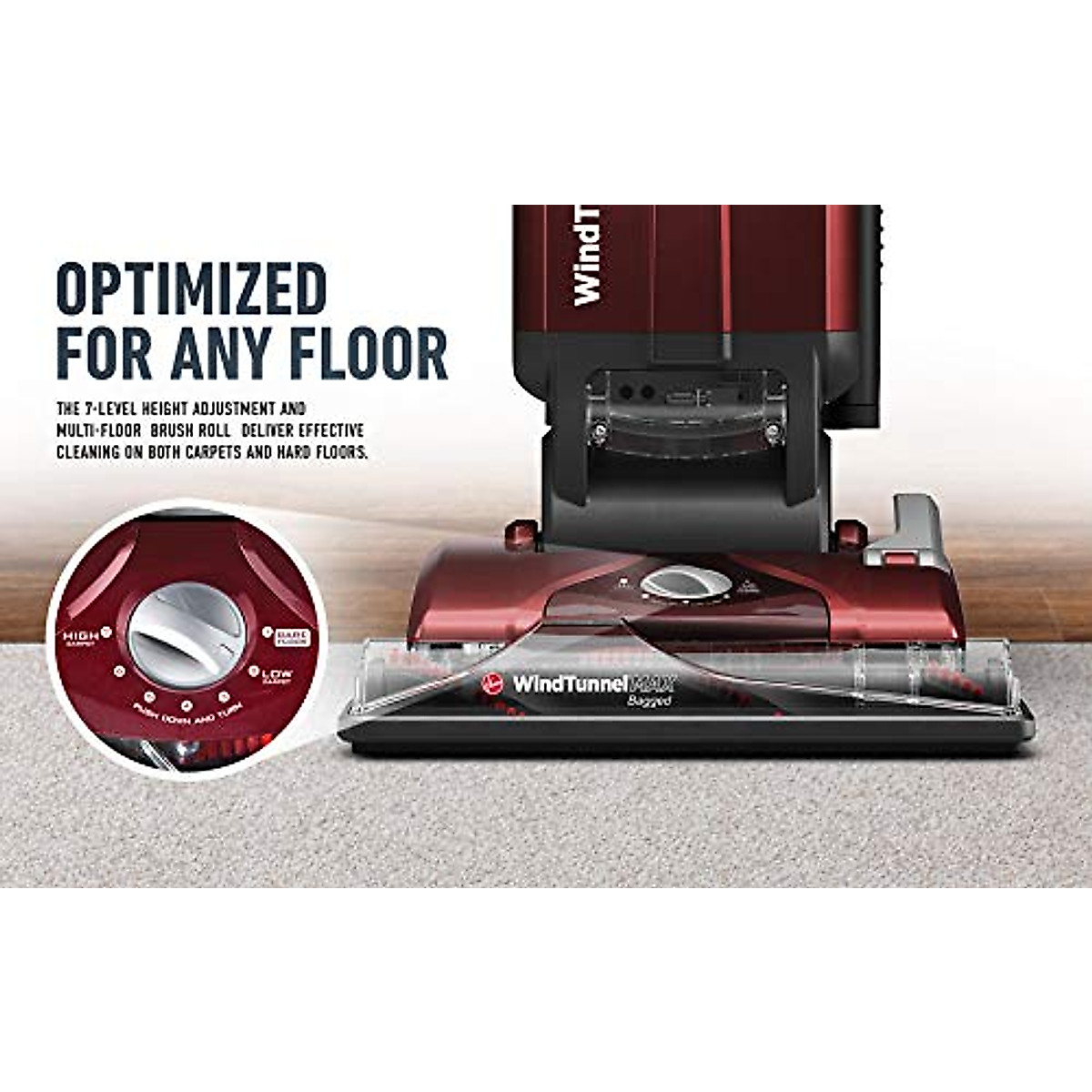 Hoover WindTunnel Max Bagged Upright Vacuum Cleaner, with HEPA Media Filtration, 30ft. Power Cord, UH30600, Red