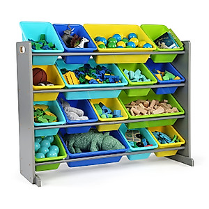 Humble Crew Extra-Large Toy Organizer, 16 Storage Bins, Grey/Blue/Green/Yellow,15.5"D x 42"W x 35"H
