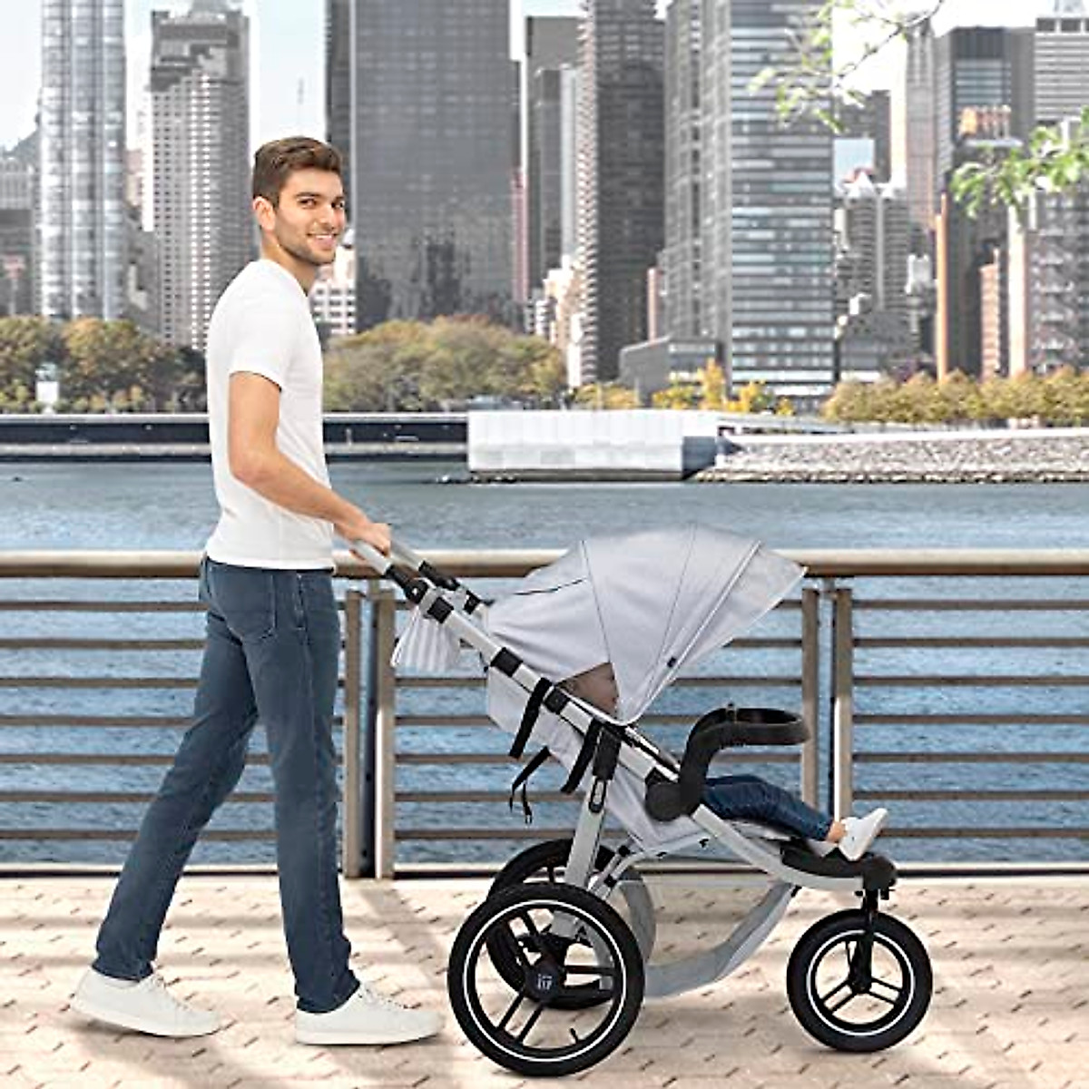 babyGap by Delta Children Trek Jogging Stroller - Greenguard Gold Certified - Car Seat Compatible - Lightweight, Extendable Canopy & Reclining Seat - Made with Sustainable Materials, Grey Stripes