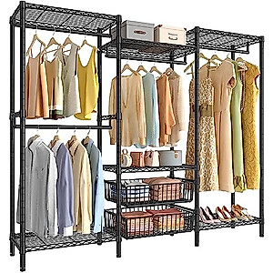 VIPEK V10i Medium Garment Rack Heavy Duty Clothes Rack, Free Standing Coat Rack for Hanging Clothes Wardrobe Metal Clothing Rack with 2 Slid Storage Baskets, 68.9" L x 15.7" W x 76.4" H, Black