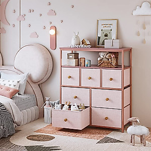 EnHomee Pink Dresser for Girls Bedroom, Dresser for Bedroom with 7 Drawers and 2 Shelves, Pink Dresser with Wooden Top and Metal Frame, Dressers & Chests of Drawers for Bedroom, Closets, Nursery, Pink