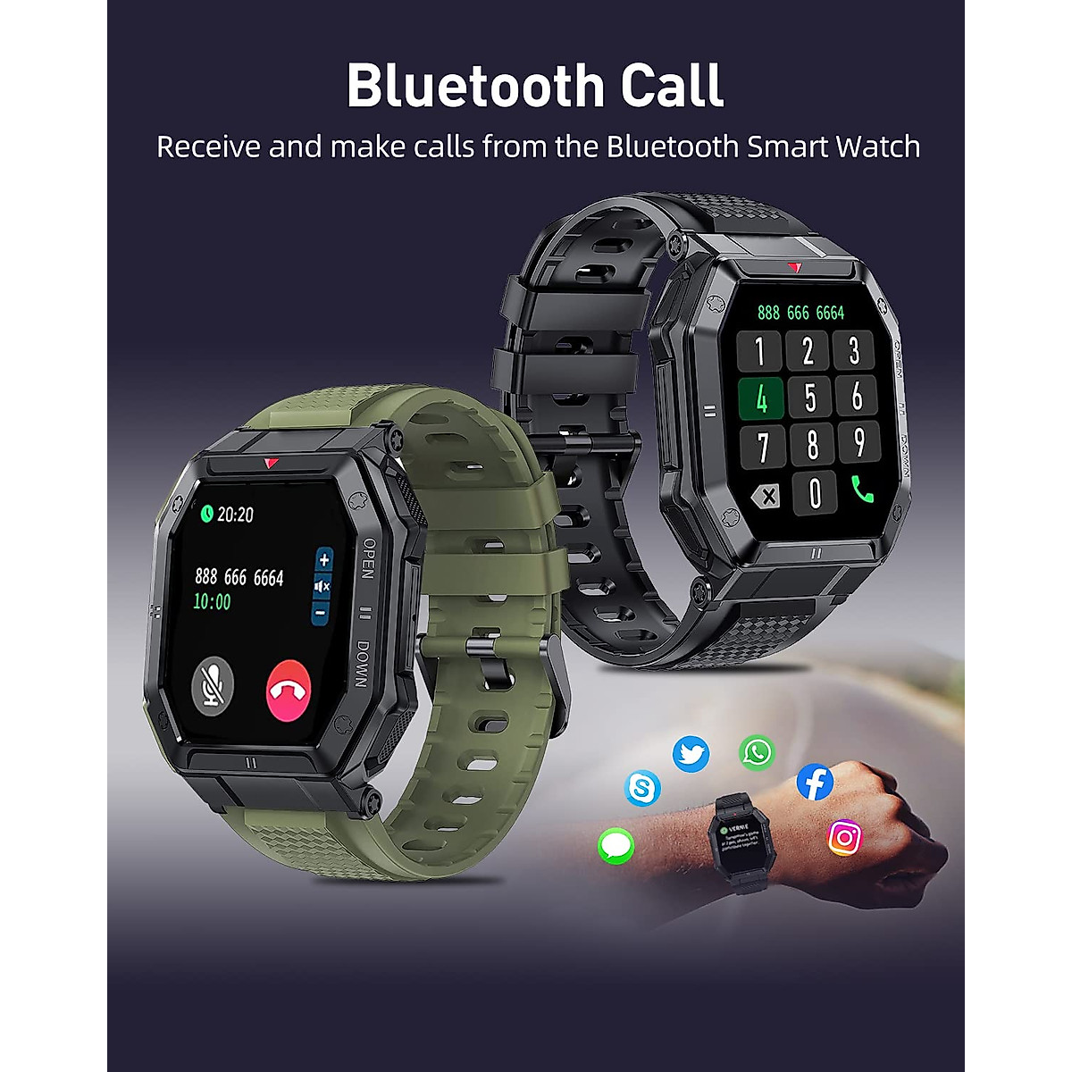 PODOEIL Smart Watch with 1.85'' HD Screen, Fitness Tracker/Bluetooth Call/Sports Mode, Men's Tactical Smart Watches for iOS Android Samsung