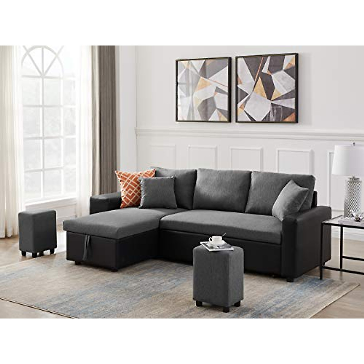 UBGO Upholstery Living Room Furniture Sets,Modular Sleeper, L-Shaped, Reversible Bed,Sectional Sofa with Storage and 2 stools Steel,Gray, Grey 3-seat Chaise Longue