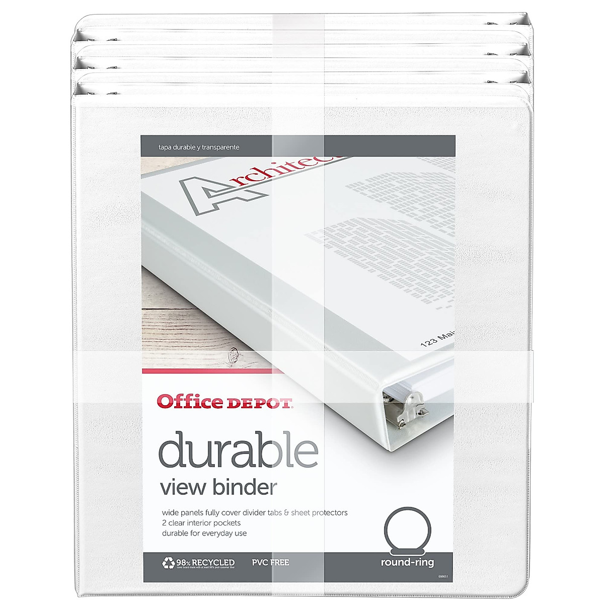 Office Depot® Brand Durable Round-Ring View Binders, 1" Rings, White, Pack of 6 Binders