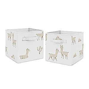 Sweet Jojo Designs Boho Llama Foldable Fabric Storage Cube Bins Boxes Organizer Toys Kid Baby Children - Set of 2 Gender Neutral Beige Taupe Tan Bohemian Southwest Watercolor Mountain Cactus Farmhouse