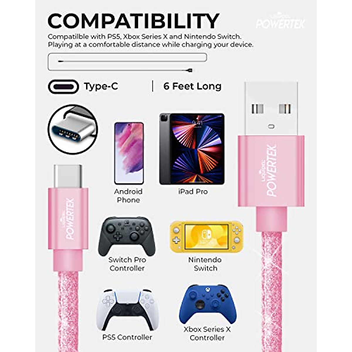 LIQUIPEL USB Type C Cable 6ft, USB A 2.0 to USB-C Fast Charger Extra Long Durable, Glitter Cables (Pink)