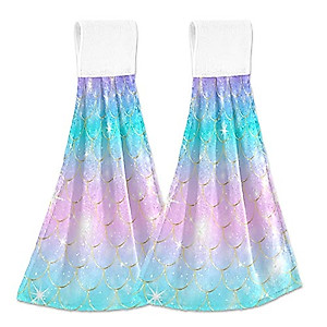 Colorful Mermaid Scales Hand Towels for Bathroom with Loop 2 Pack, Rainbow Galaxy Hanging Kitchen Tie Towel Fish Scale Dish Cloth Absorbent Coral Velvet Fingertip Towel for Home Decor 12x17 In