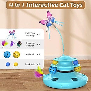 Cat Toys, 4-in-1 cat interactive toy for indoor Rechargeable Automatic with Fluttering Butterfly Random Moving Ambush Feather 2-Tier Track Balls for Bored Indoor Adult Cats Kittens All Breeds