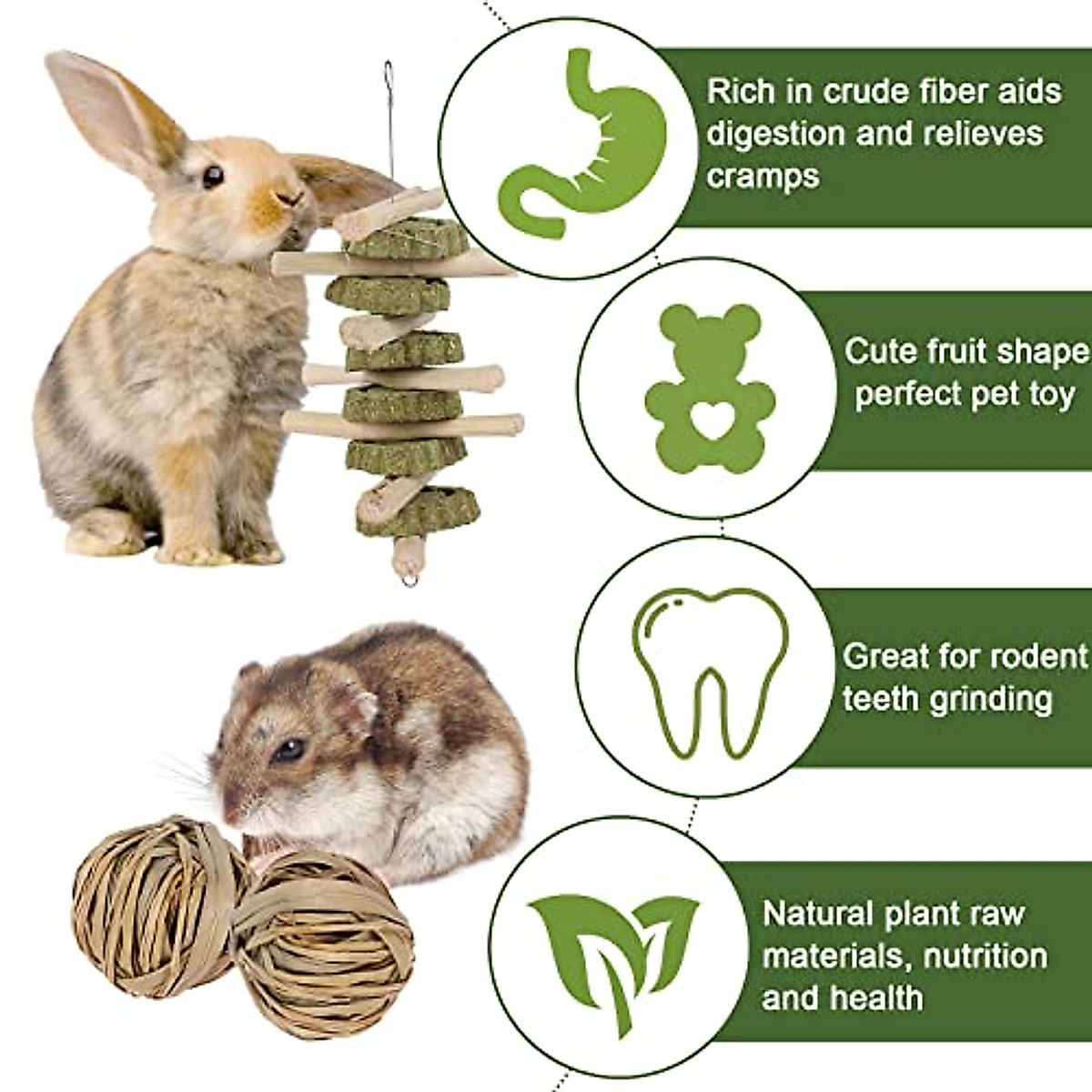 Cathpetic Perfect Rabbit Chew Toys - Guinea Pig Toys Natural Timothy Hay Chinchilla Toys, 100% Hand Made Rabbit Treats Apple and Wood Sweet Bamboo, Small Animal Chew Treat for Rodents Teeth Care