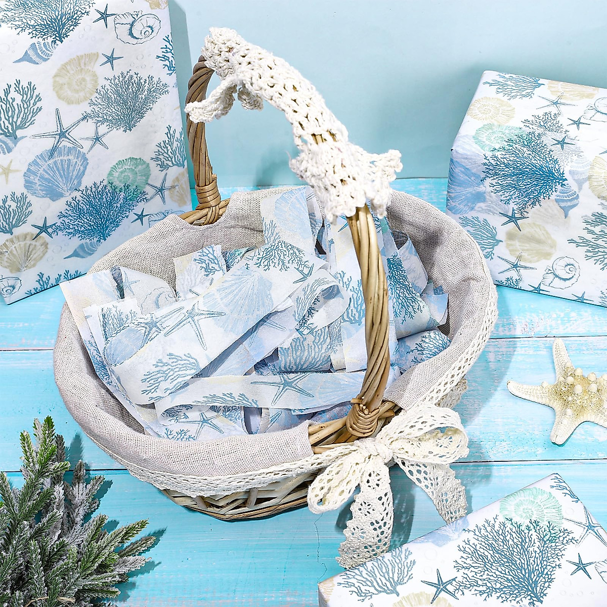 Whaline 100 Sheets Ocean Tissue Paper Sea Shell Starfish Gift Wrapping Paper Coastal Beach DIY Art Craft Tissue Paper for Summer Wedding Birthday Baby Shower Supplies, 13.7 x 19.6 Inch