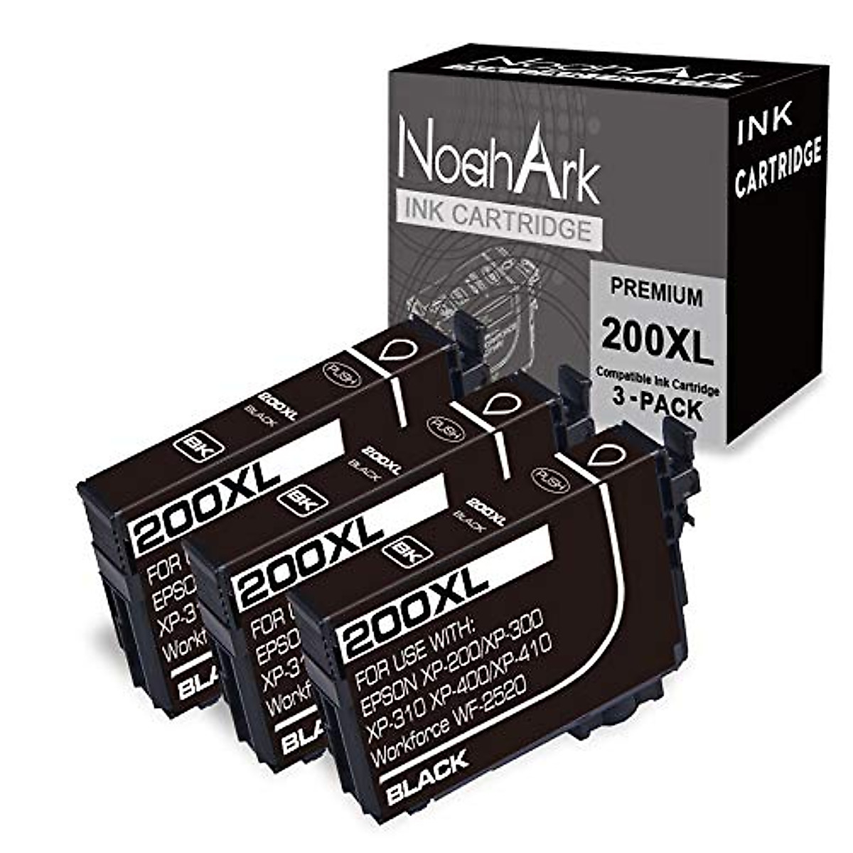 NoahArk 3 Packs 200XL Remanufactured Ink Cartridge Replacement for Epson 200 XL T200XL use for Expression Home XP-200 XP-300 XP-310 XP-400 XP-410 Workforce WF-2520 WF-2530 WF-2540 Printer (3 Black)