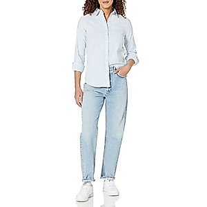 Amazon Essentials Women's Long Sleeve Button Down Stretch Oxford Shirt (Available in Plus Size), Blue/White/Stripe, Large