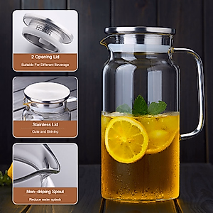 DOPUDO Glass Pitcher (40oz/1250ml) with Handle and Lid,Stainless Steel Infuser, Borosilicate Glass Water Pitcher, Clear Beverage Iced Tea Jug Hot Cold Water Wine Coffee Milk and Juice Glass Carafe
