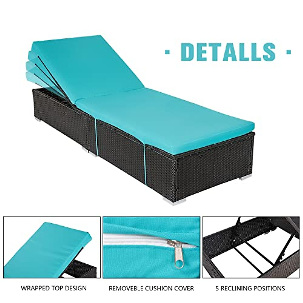 JSUN7 Outdoor PE Wicker Lounge Chair - Rattan Chaise Lounger with Blue Cushion and Adjustable Backrest Recliner