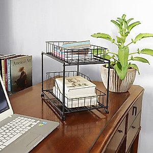 Pull Out Cabinet Organizer, 2 Tier Under Sink Organizers and Storage With Sliding Baskets, Stackable Iron Under Sink Storage for Kitchen, Bathroom, Cabinet, Countertop, Office and More, 1 Pack, Black